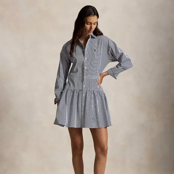 Ralph Lauren Striped Cotton Poplin Shirt Dress - White/fall Royal