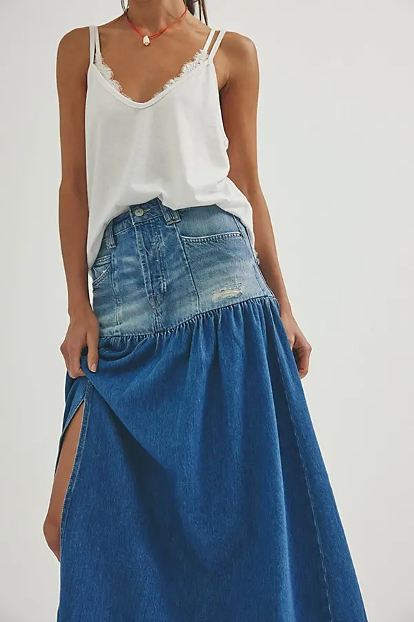 Free People We The Free Good Company Mixed Denim Maxi Skirt