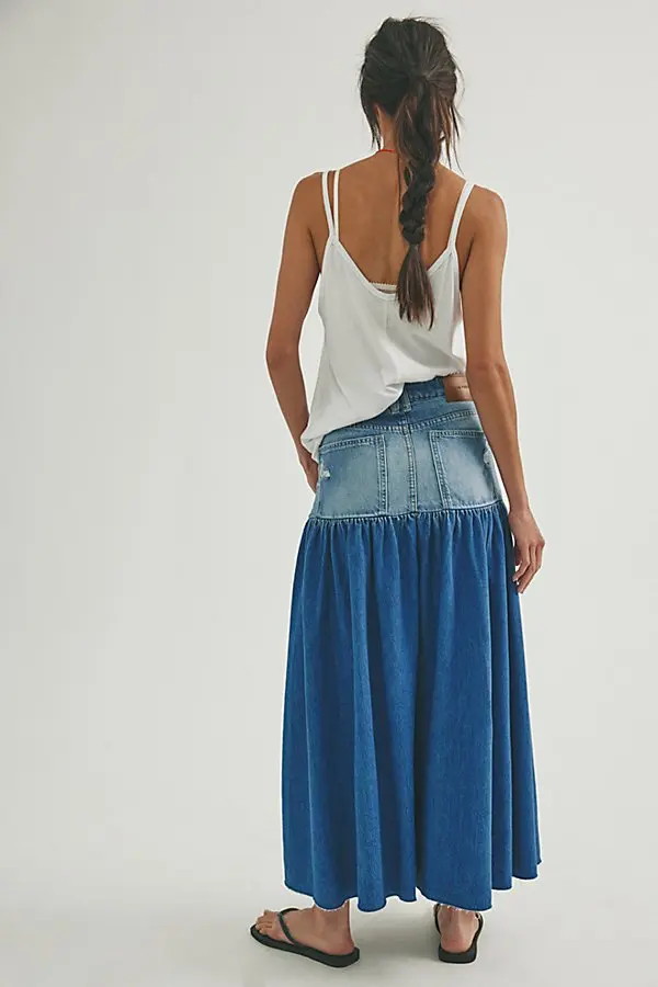 Free People We The Free Good Company Mixed Denim Maxi Skirt