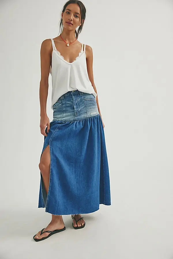 Free People We The Free Good Company Mixed Denim Maxi Skirt