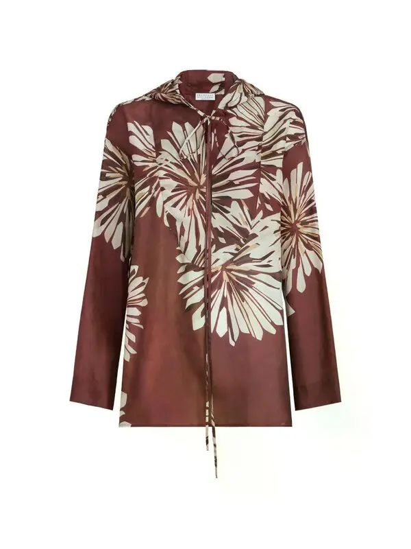 Brunello Cucinelli Silk Pongee Shirt With Bloom Print And Hood - Red
