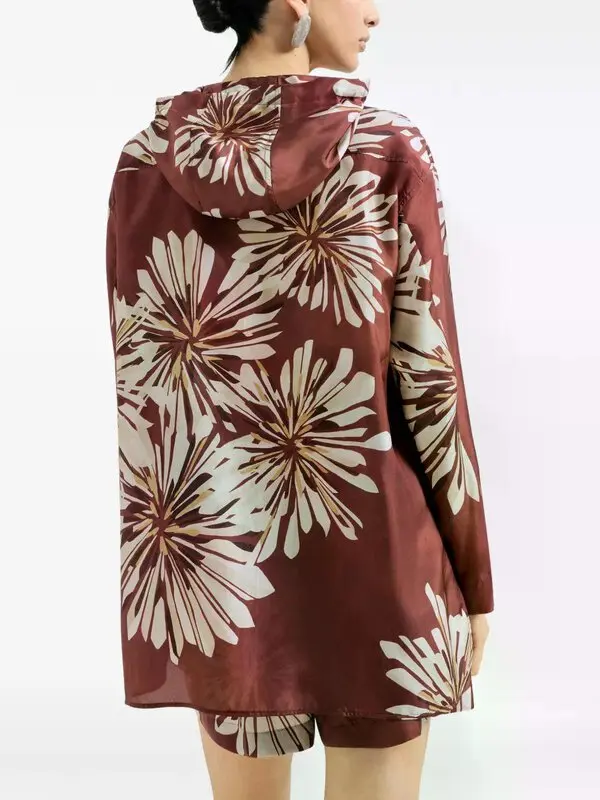 Brunello Cucinelli Silk Pongee Shirt With Bloom Print And Hood - Red
