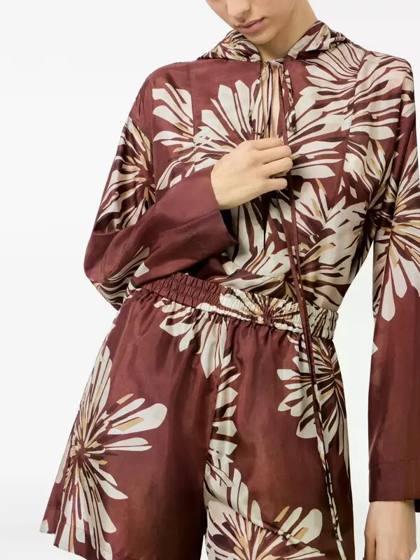 Brunello Cucinelli Silk Pongee Shirt With Bloom Print And Hood - Red