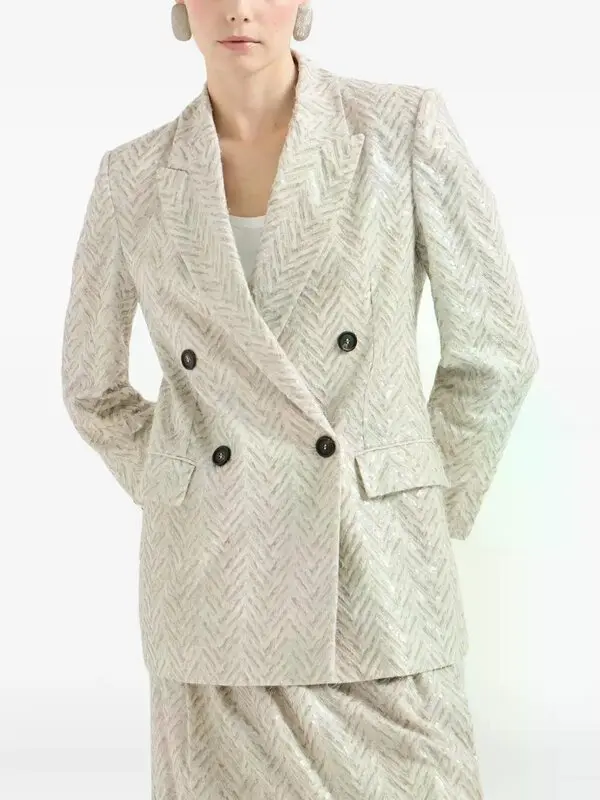 Brunello Cucinelli Linen Maxi Chevron Embroidered Blazer - Neutrals