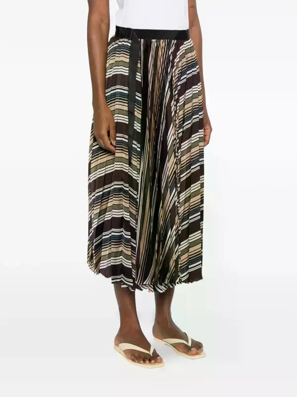 Sacai Striped Pleated Midi Skirt - Brown