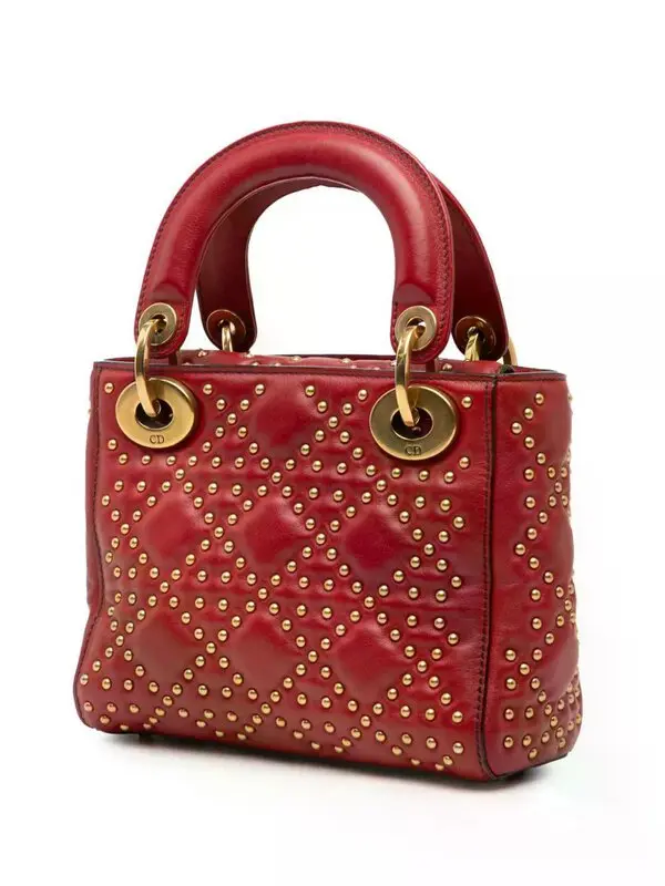 Dior 2017 Mini Lambskin Cannage Studded Lady Satchel - Red