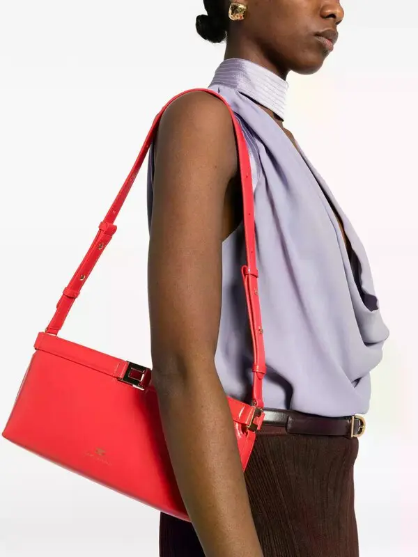 Elisabetta Franchi Naplak Effect Shoulder Bag With Gold Tone Logo Detail - Red