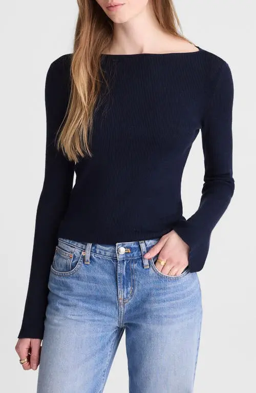 Madewell Boat Neck Flare Sleeve Wool & Silk Sweater - Dark Navy