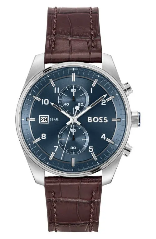 BOSS Chronograph Croc-embossed Leather Strap Watch - Blue