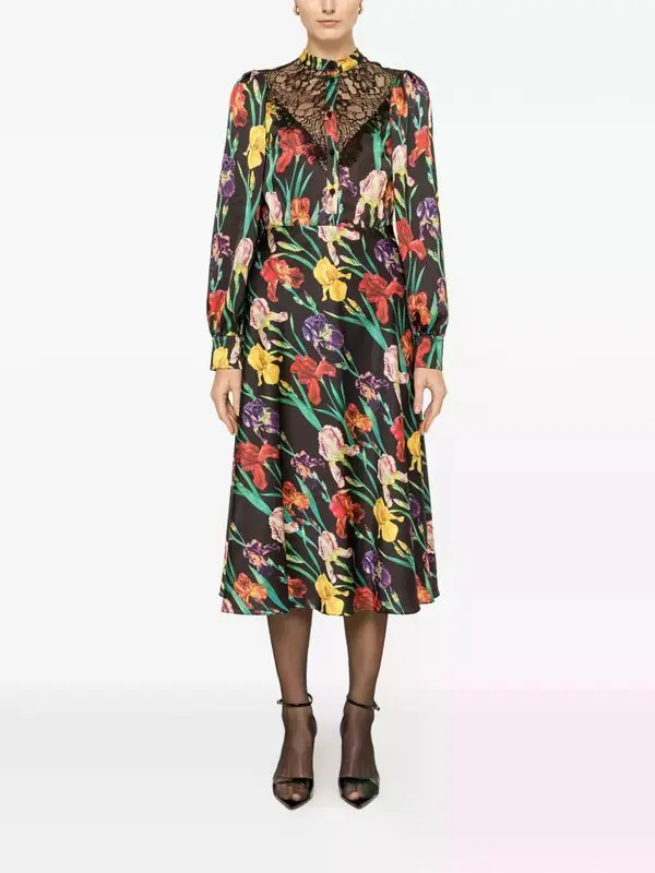 NISSA Lace-insert Printed Midi Dress