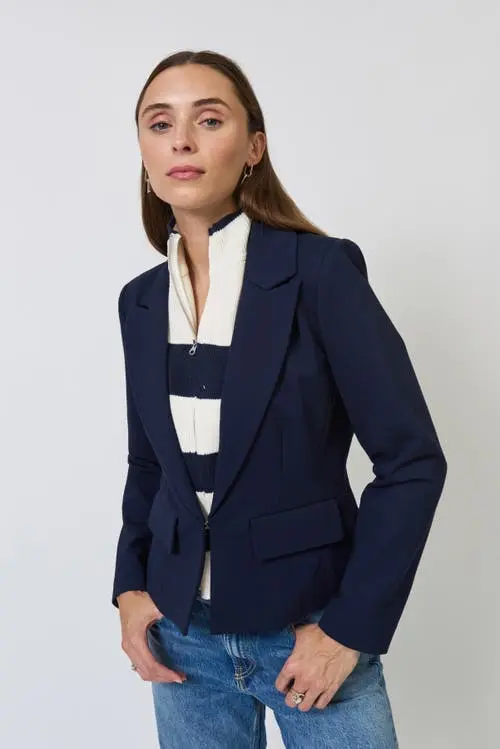 Central Park West Tailored Blazer With Notched Lapel Neckline - Navy