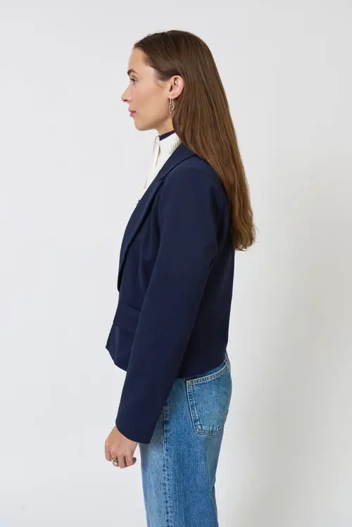 Central Park West Tailored Blazer With Notched Lapel Neckline - Navy