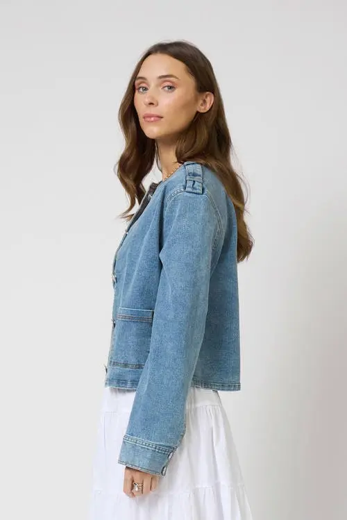 Central Park West Nevada Collarless Denim Jacket