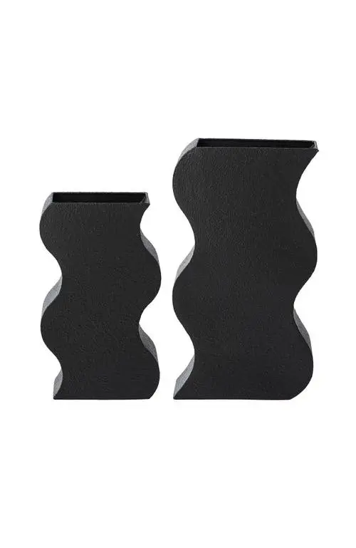 GLITZHOME Set Of 2 Modern Textured Ripple Metal Decorative Vases - Black