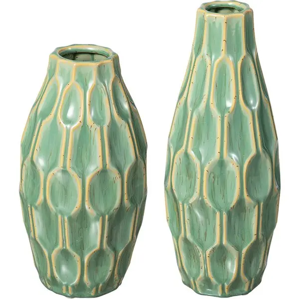 GLITZHOME Set Of 2 Modern Geometric Ceramic Table Vases - Green