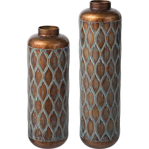 GLITZHOME Set Of 2 Metal Antique Cylinder Floor Decorative Vases - Brown