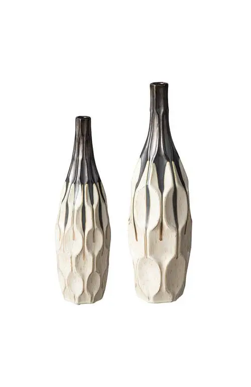 GLITZHOME Set Of 2 Modern Geometric Faceted Ceramic Table Vases - White