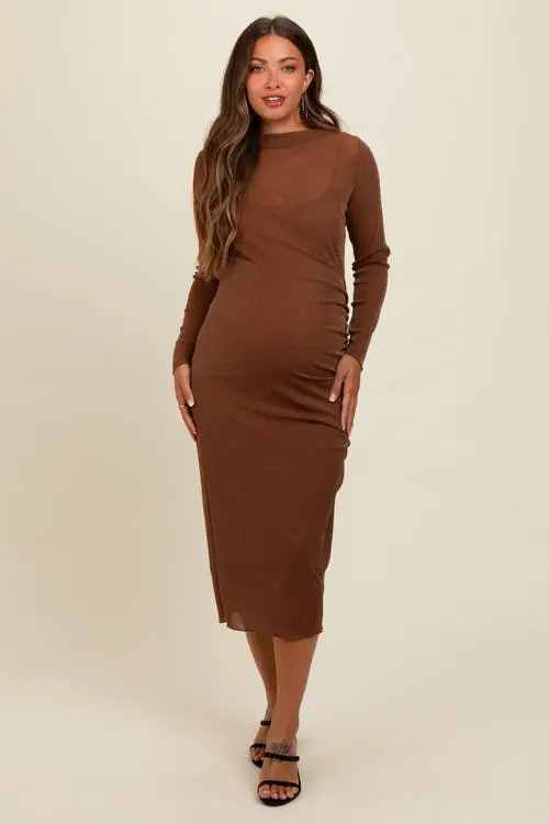 PINKBLUSH Shimmer Mesh Long Sleeve Ruched Midi Maternity Dress - Brown