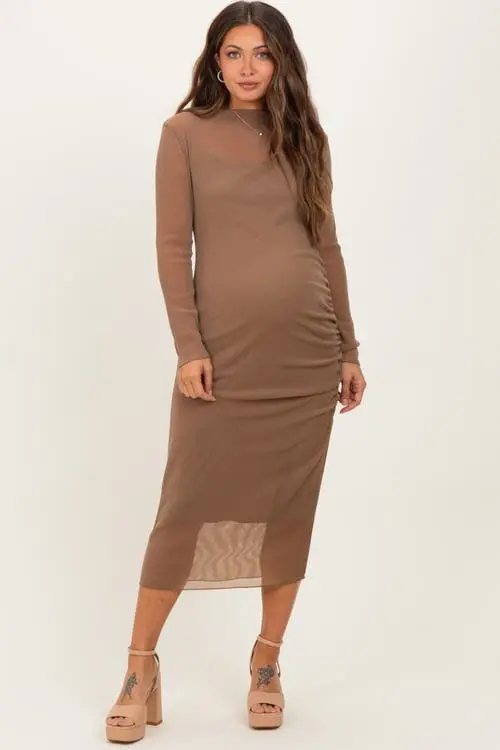 PINKBLUSH Shimmer Mesh Long Sleeve Ruched Midi Maternity Dress - Mocha