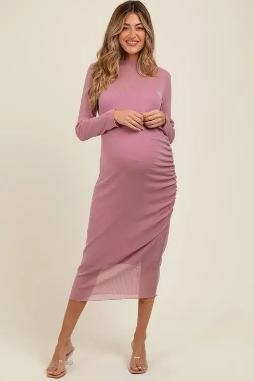 PINKBLUSH Shimmer Mesh Long Sleeve Ruched Midi Maternity Dress - Pink