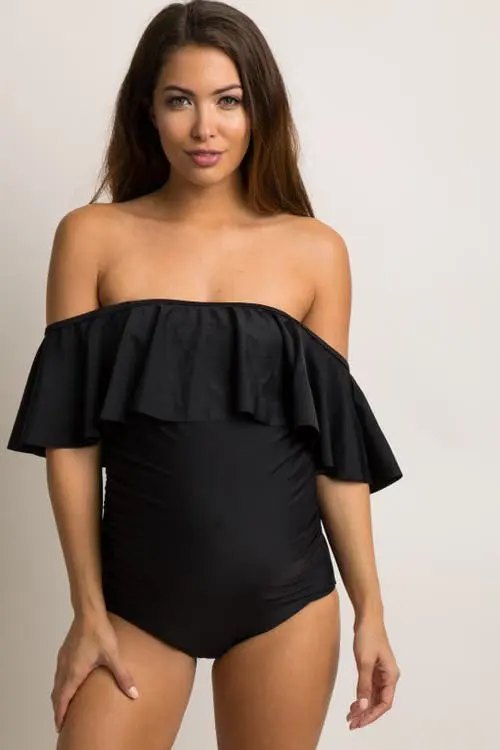 PINKBLUSH Ruffle Trim Ruched One-piece Maternity Swimsuit - Black