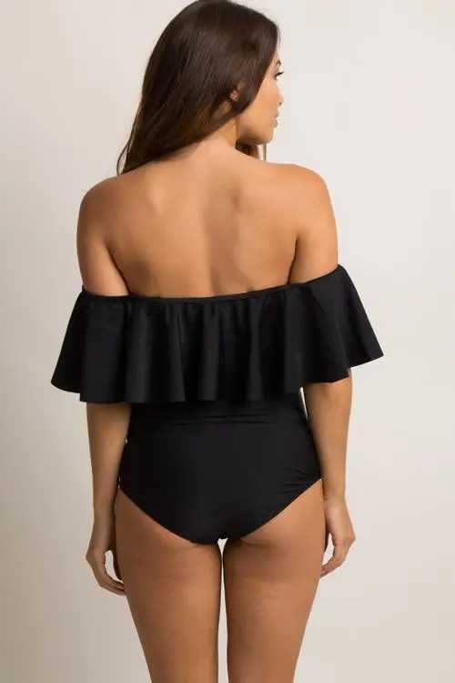 PINKBLUSH Ruffle Trim Ruched One-piece Maternity Swimsuit - Black