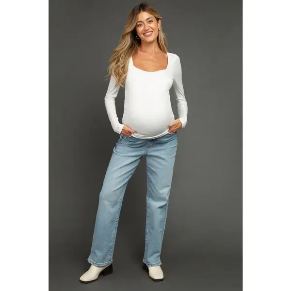PINKBLUSH Straight Leg Distressed Hem Maternity Jeans - Light Blue