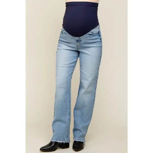 PINKBLUSH Straight Leg Distressed Hem Maternity Jeans - Light Blue