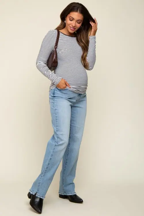 PINKBLUSH Straight Leg Distressed Hem Maternity Jeans
