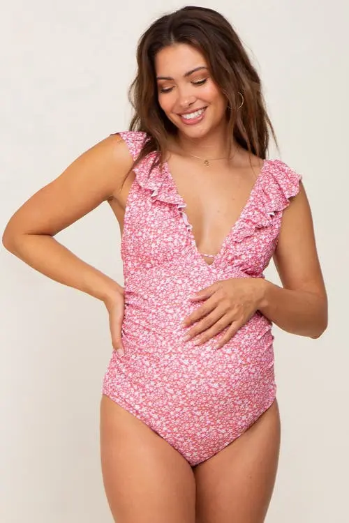 PINKBLUSH Ruffle Tie Maternity One-piece Swimsuit - Pink