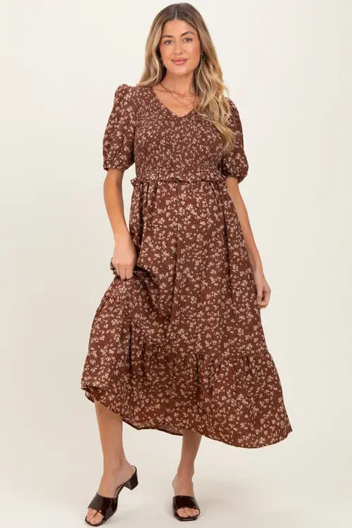 PINKBLUSH Floral Smocked Maternity Midi Dress