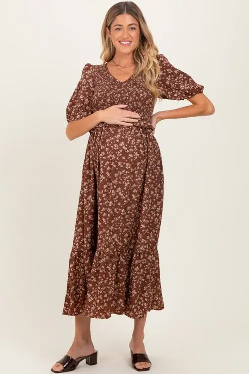 PINKBLUSH Floral Smocked Maternity Midi Dress