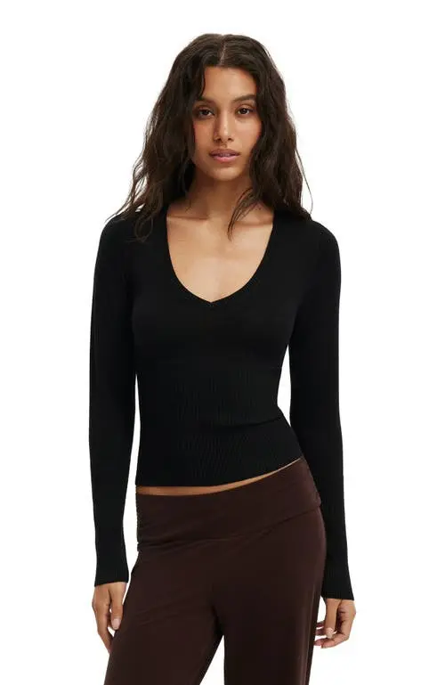 COTTON ON Long Sleeve Ribbed V-neck Pullover - Black
