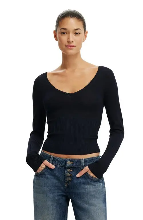 COTTON ON Close Knit V-neck Top - Navy