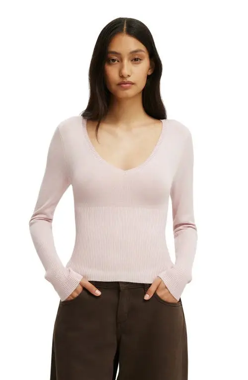 COTTON ON Long Sleeve Ribbed V-neck Pullover - Pink