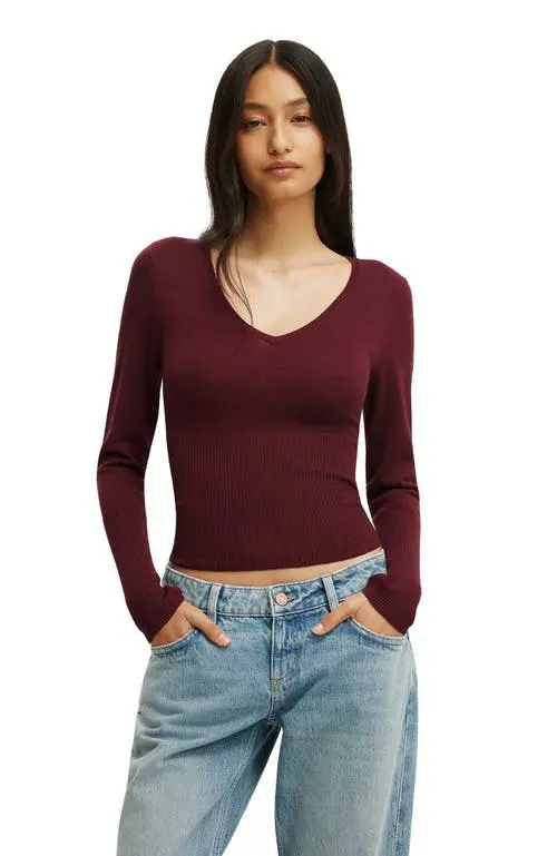 COTTON ON Long Sleeve Ribbed V-neck Pullover - Sour Cherry