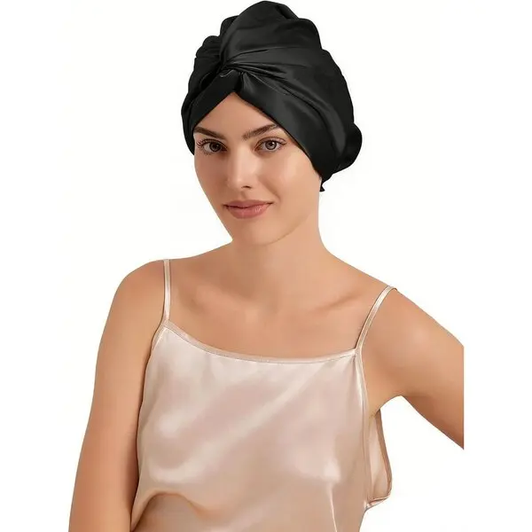 SILKSILKY 22 Momme Pure Silk Knot Front Hair Bonnet - Black