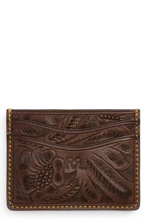 Double Rl Tooled Leather Card Case - Brown