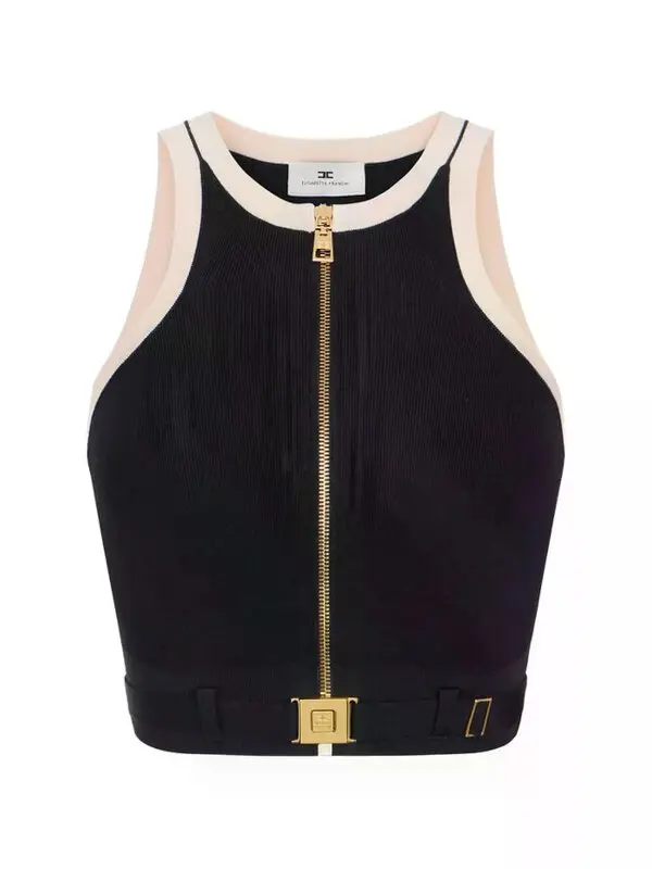 Elisabetta Franchi Knit Racerback Top With Shiny Viscose Bands And Belt