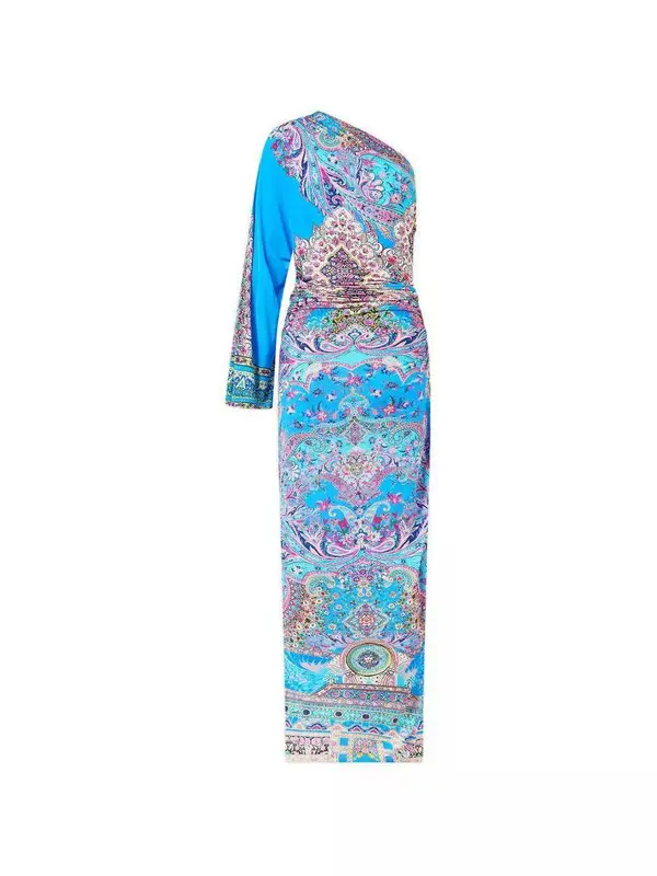 Camilla Patterned One-shoulder Long-sleeve Dress - Blue