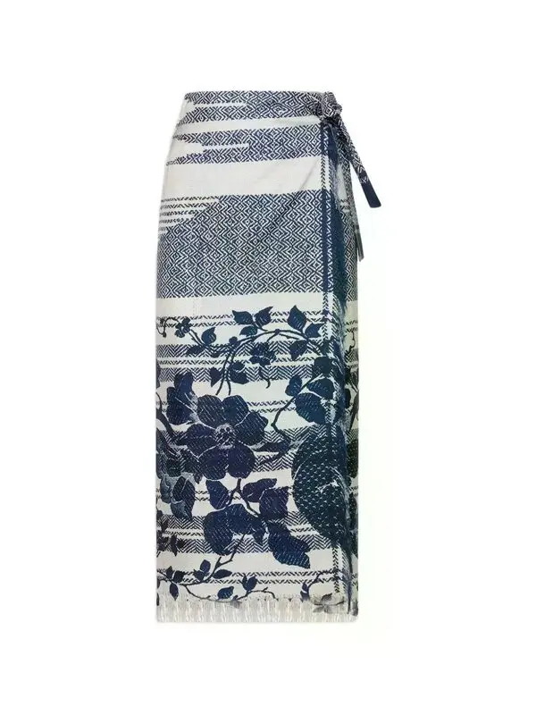 PIERRE-LOUIS MASCIA Aloe Fringed Floral Wrap Midi Skirt - Blue