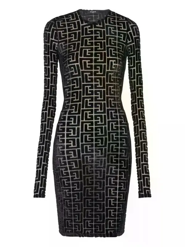 Balmain Monogram-pattern Velvet Dress