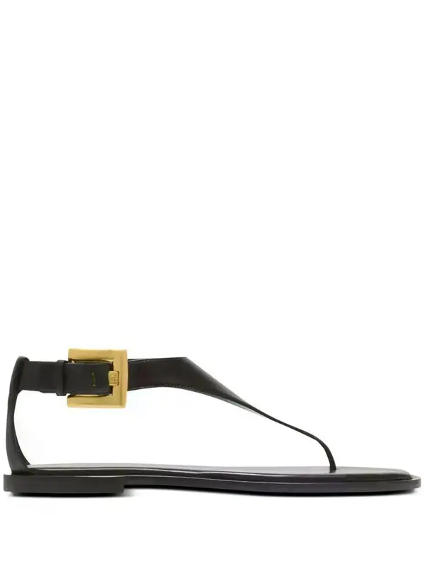 Balmain Anthem Leather Thong Sandals With Gold Buckle - Black