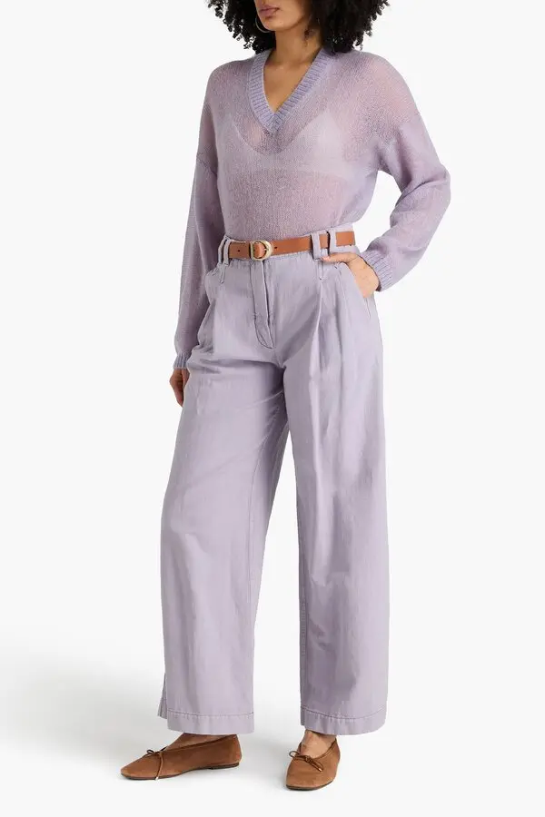 Brunello Cucinelli Pleated Cotton And Linen-blend Twill Wide-leg Pants - Lilac