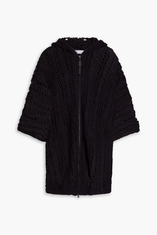 Brunello Cucinelli Bead-embellished Open-knit Jute-blend Hooded Cardigan - Black