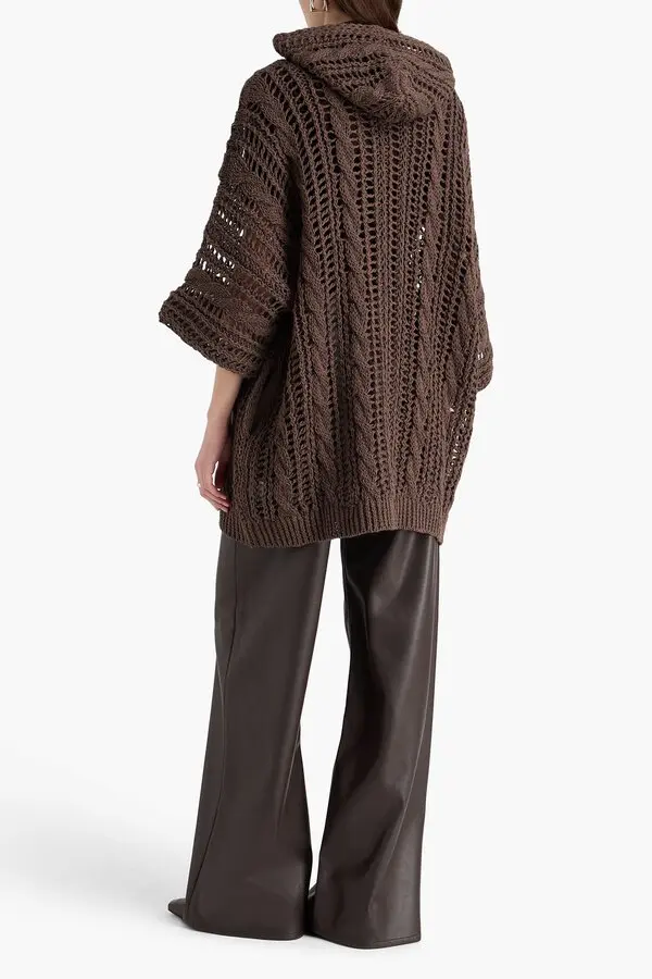 Brunello Cucinelli Bead-embellished Open-knit Jute-blend Hooded Cardigan - Chocolate