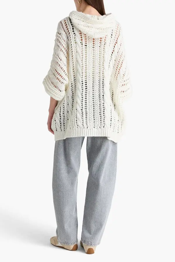 Brunello Cucinelli Bead-embellished Open-knit Jute-blend Hooded Cardigan - Ivory
