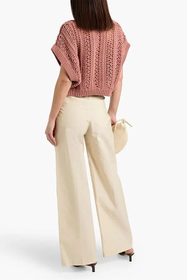 Brunello Cucinelli Crinkled Cotton-blend Wide-leg Pants - Ecru