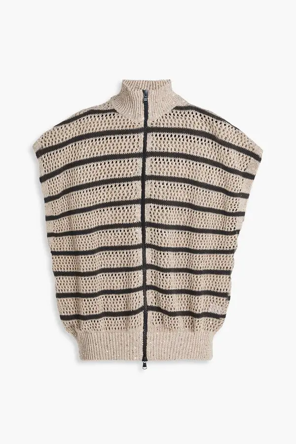 Brunello Cucinelli Striped Open-knit Linen-blend Vest