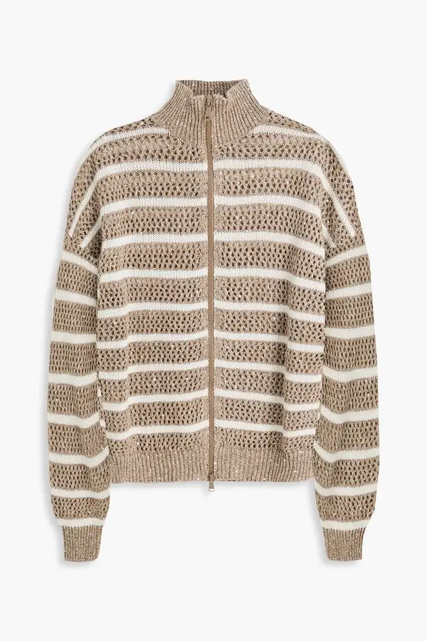 Brunello Cucinelli Striped Open-knit Linen-blend Cardigan